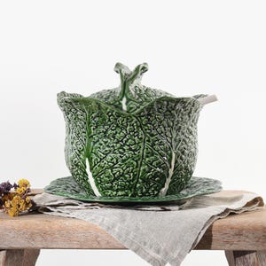 Vintage Majolica Cabbage Leaf Dinnerware Set, Green Ceramic Soup Tureen ...
