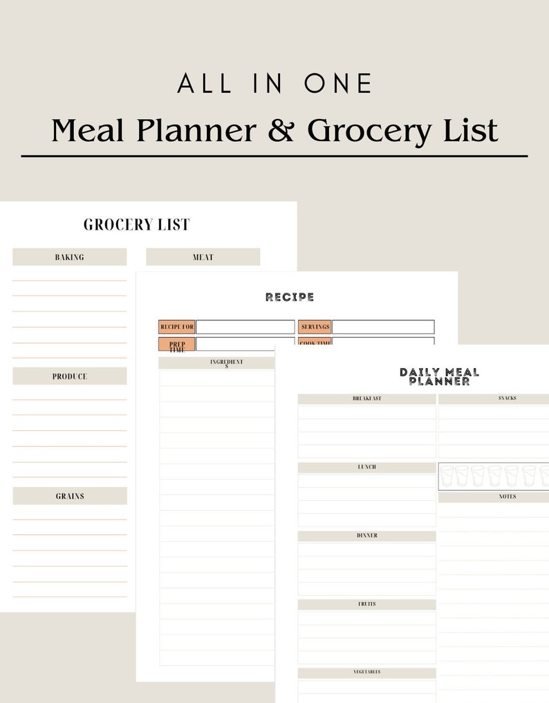 Meal Planner, Grocery List, Recipe Tracker - Etsy