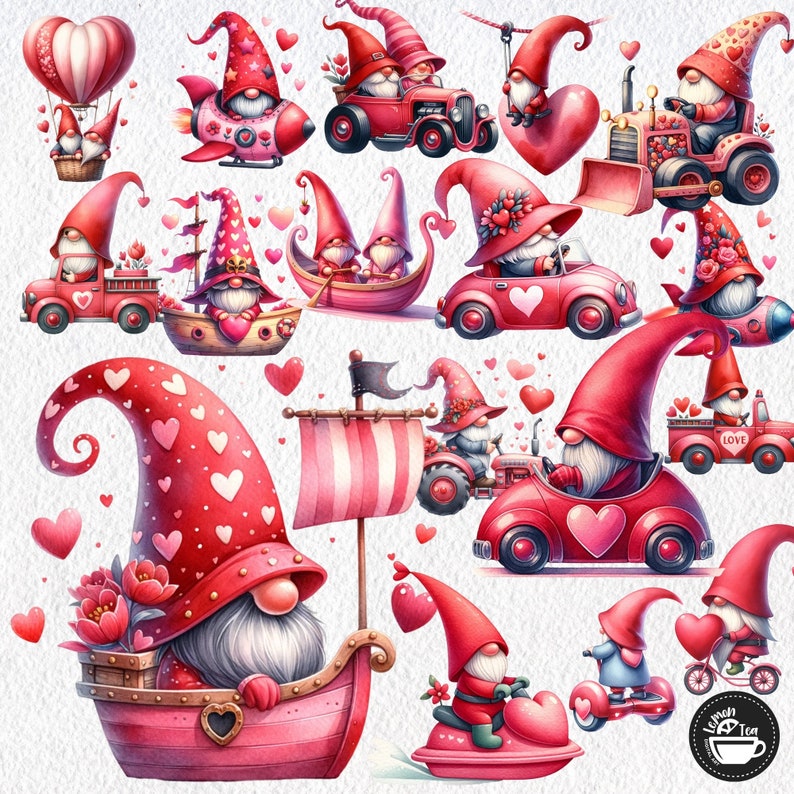 Watercolor Valentine Gnomes PNG Clipart, Valentine's Day Vehicles PNG ...