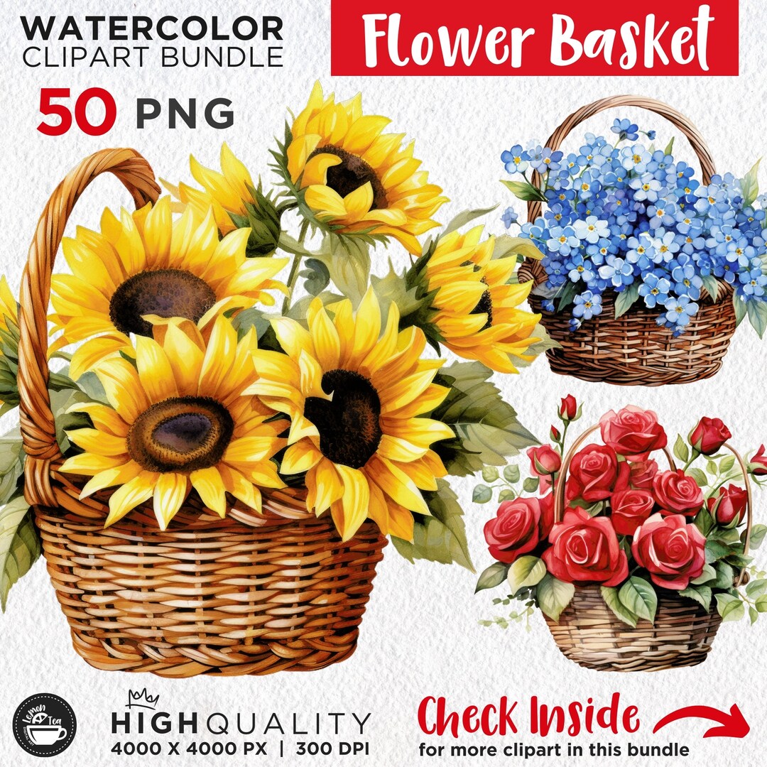 Watercolor Flower Basket Clipart: 50 PNG Floral Collection (commercial ...