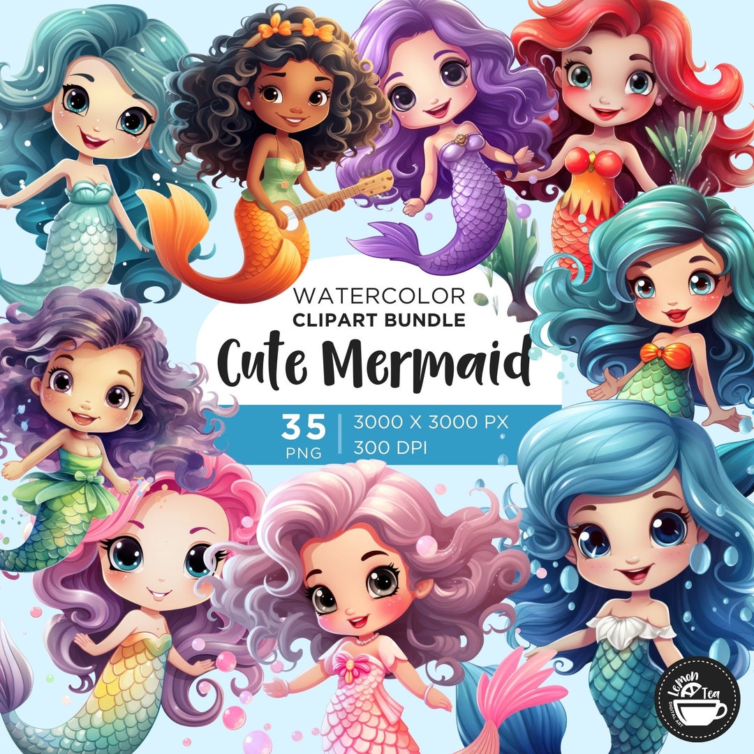 Mermaid Clipart, Bundle Watercolor Mermaid Clipart, PNG, Transparent ...