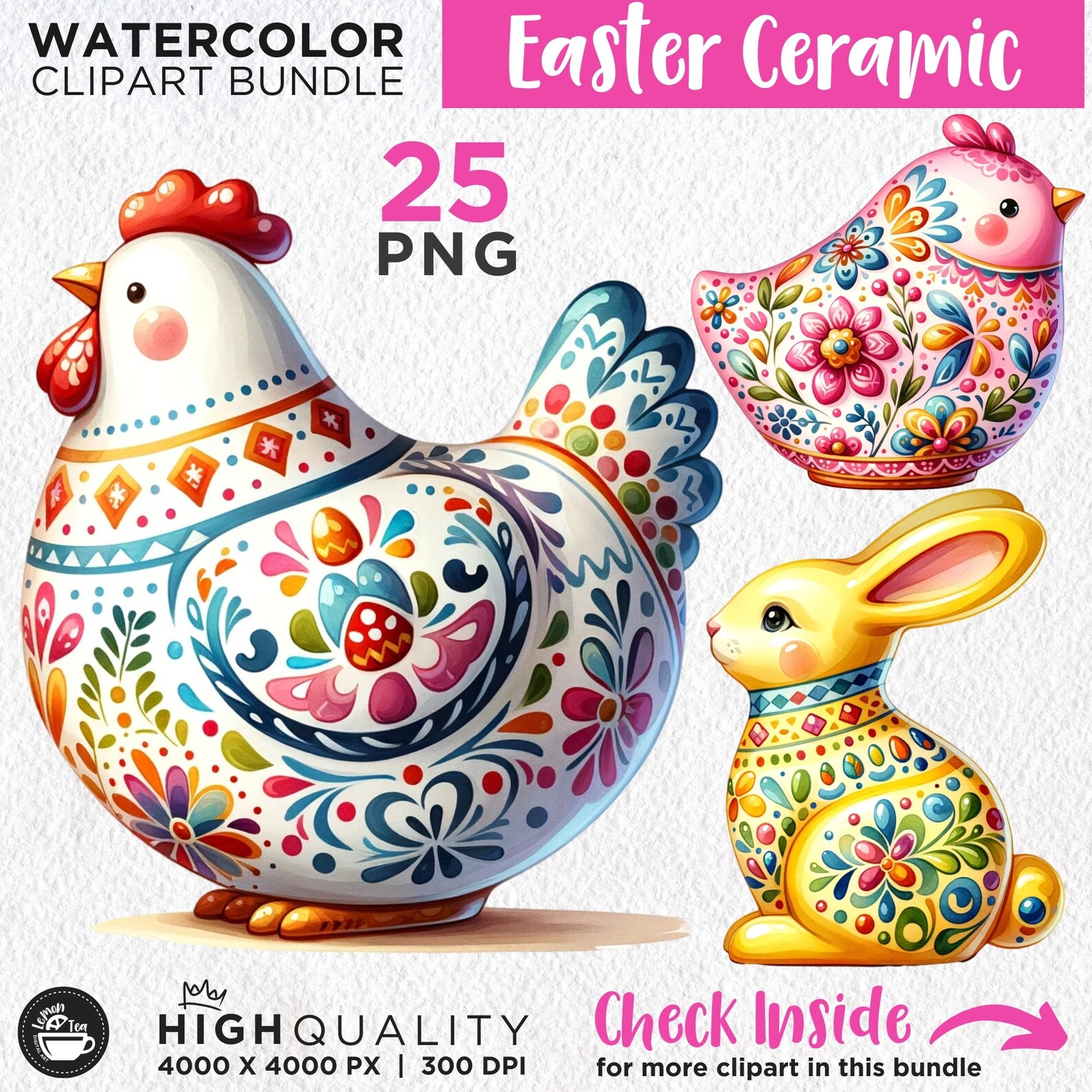 Easter Ceramic Chicken Clipart Bundle, Watercolor Easter Rabbit, Easter ...