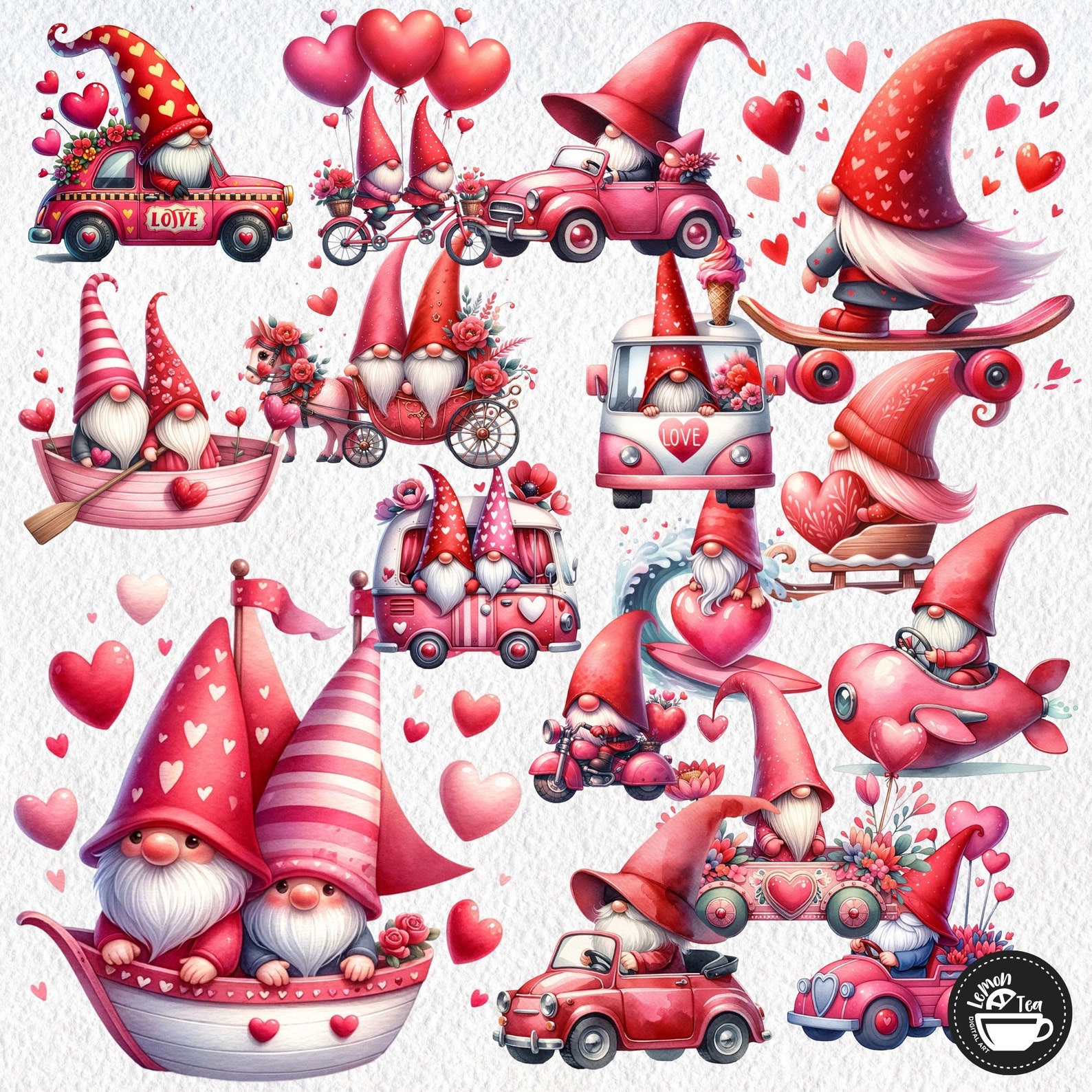 Watercolor Valentine Gnomes PNG Clipart, Valentine's Day Vehicles PNG ...