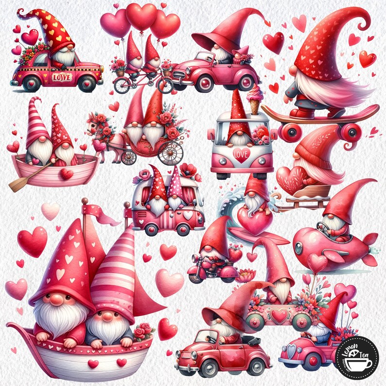 Watercolor Valentine Gnomes PNG Clipart, Valentine's Day Vehicles PNG ...