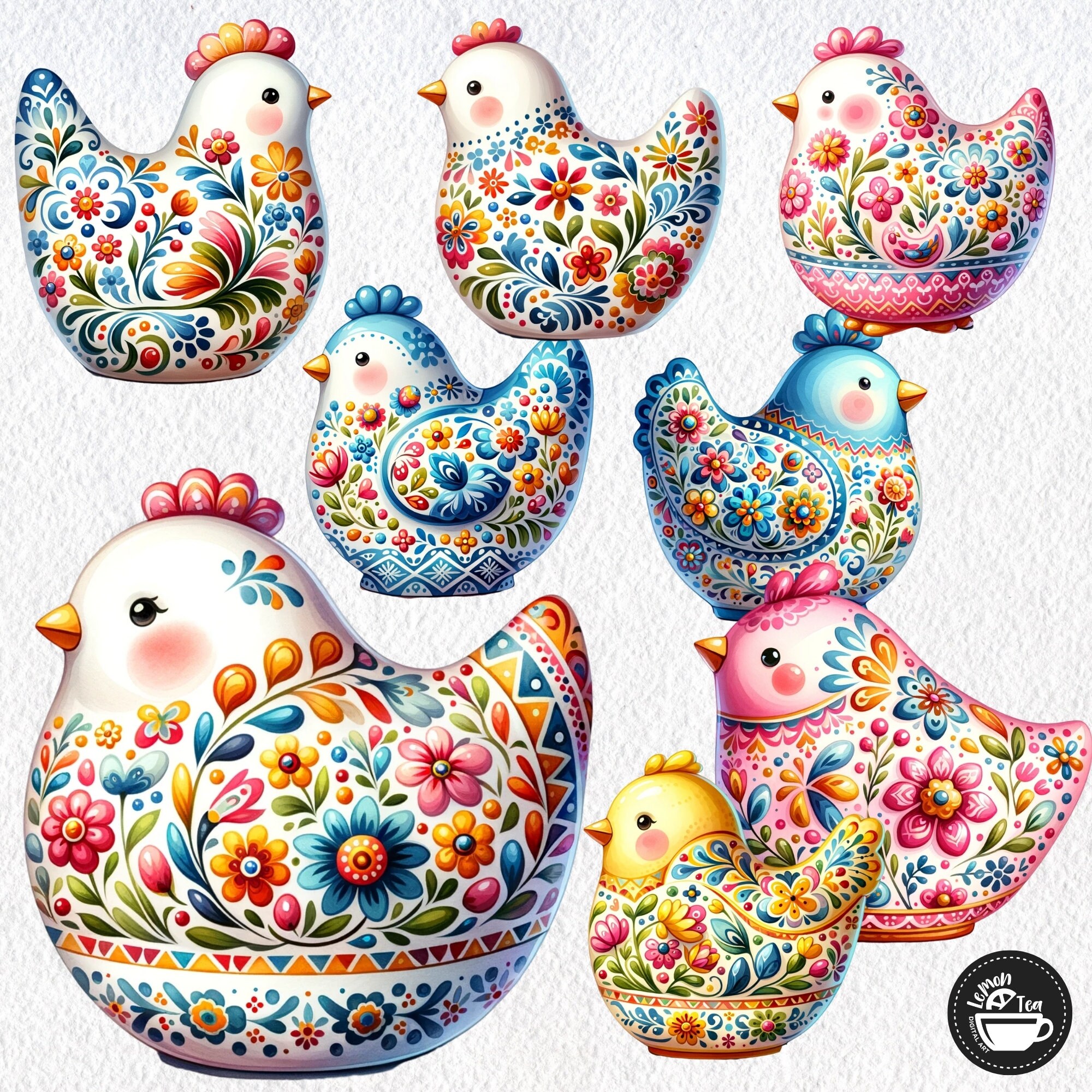 Easter Ceramic Chicken Clipart Bundle, Watercolor Easter Rabbit, Easter ...