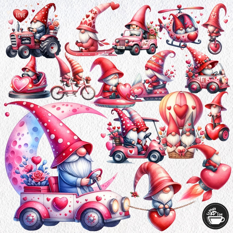 Watercolor Valentine Gnomes PNG Clipart, Valentine's Day Vehicles PNG ...