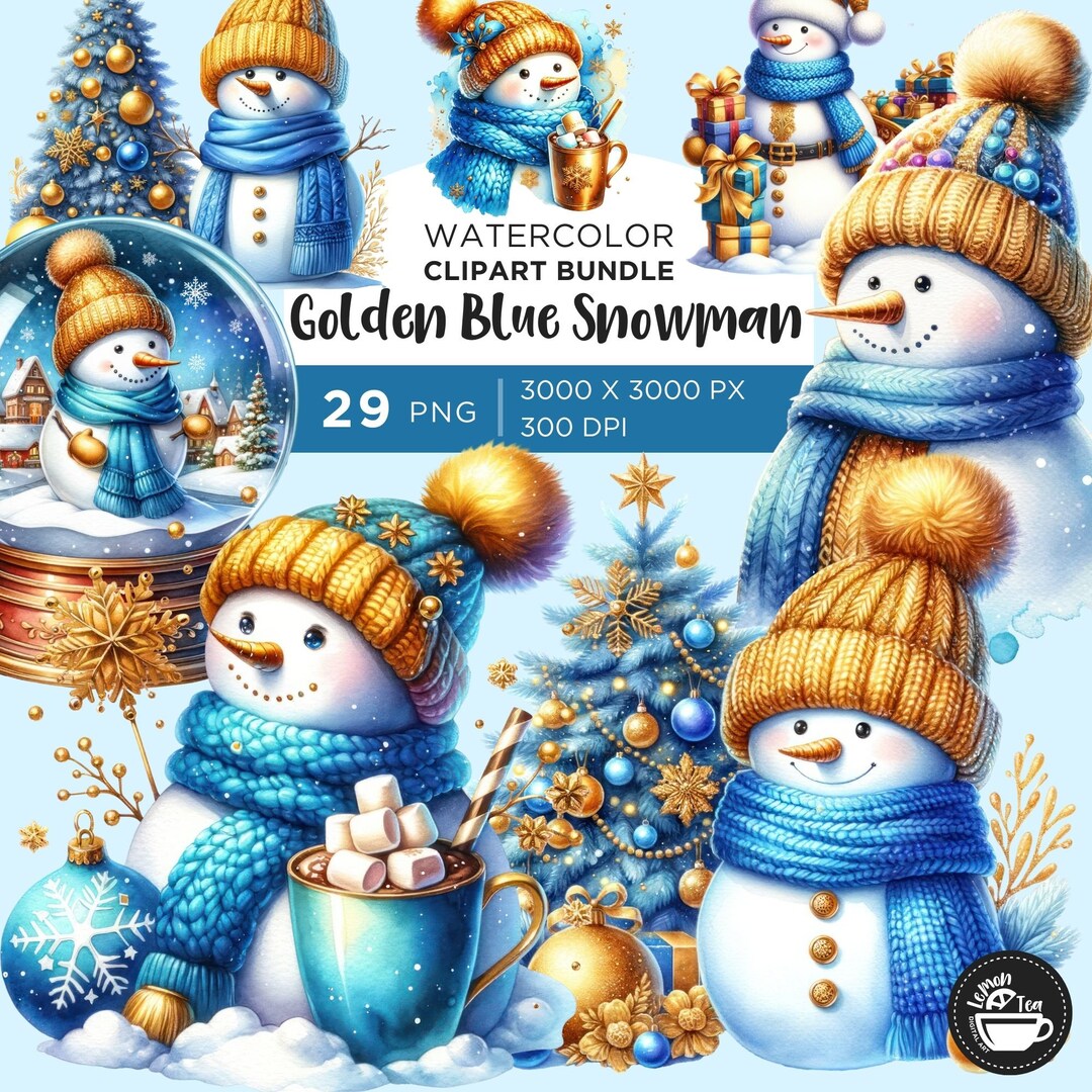 Watercolor Blue Snowman Clipart, Festive Snowman Clipart, Blue ...