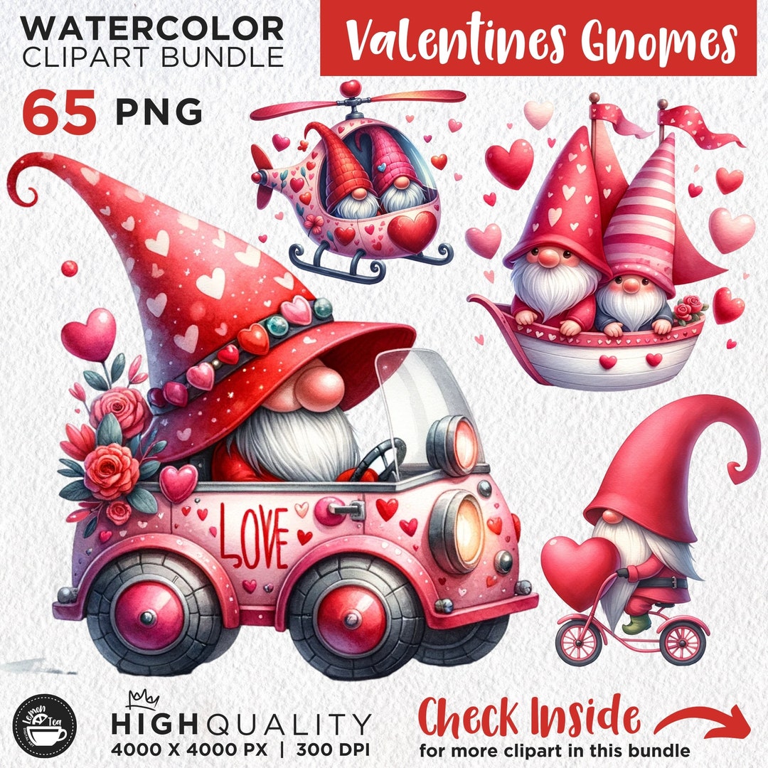Watercolor Valentine Gnomes PNG Clipart, Valentine's Day Vehicles PNG ...