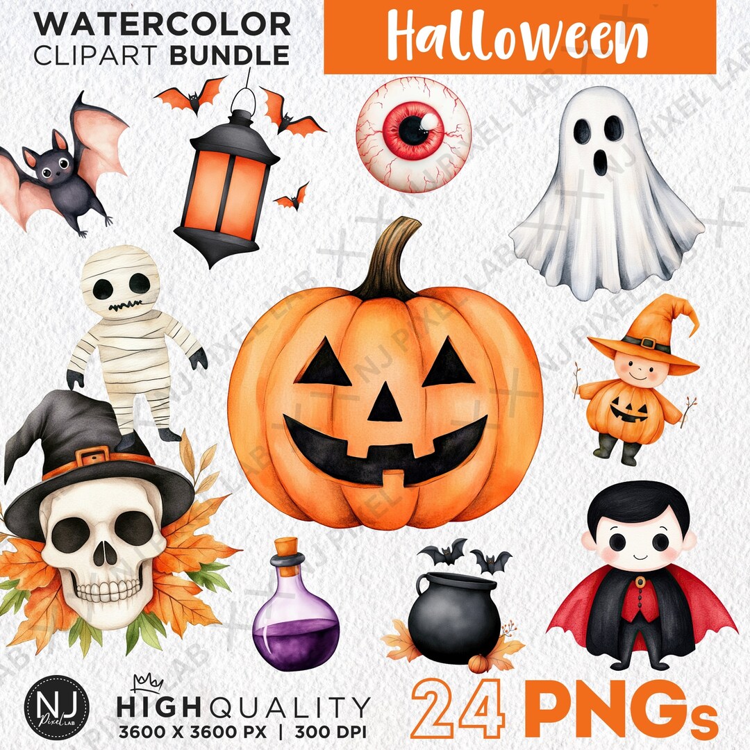 Watercolor Halloween Clipart, Cute Spooky PNG, Halloween Clipart ...