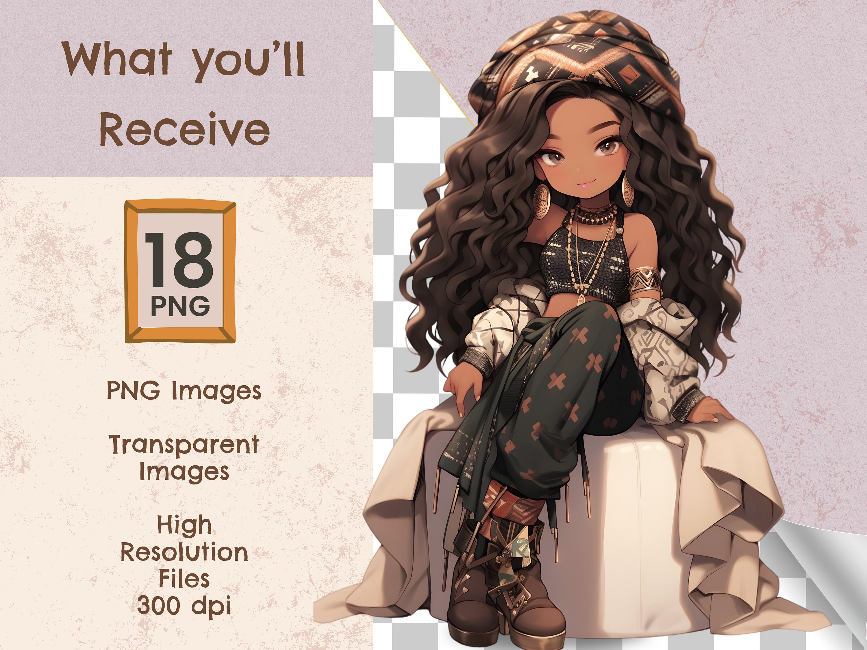 Adorable Boho Chibi Clipart Set, Bohemian Girl Clipart Watercolor Boho ...