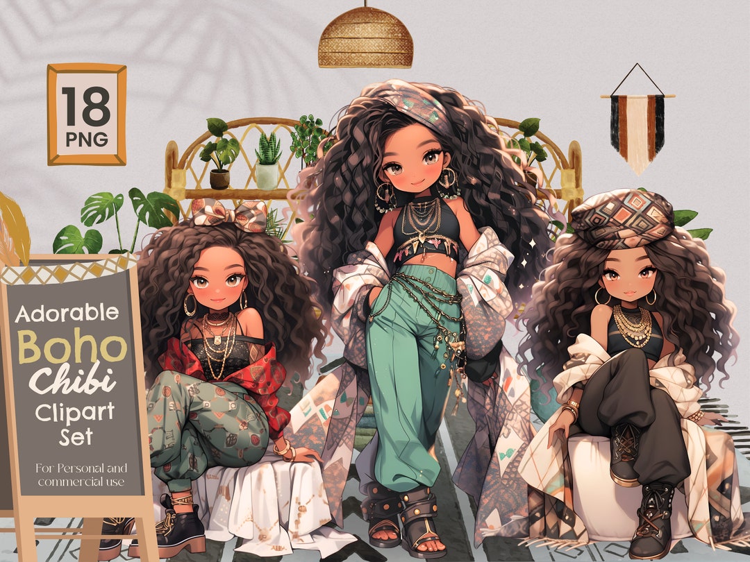 Adorable Boho Chibi Clipart Set, Bohemian Girl Clipart Watercolor Boho ...