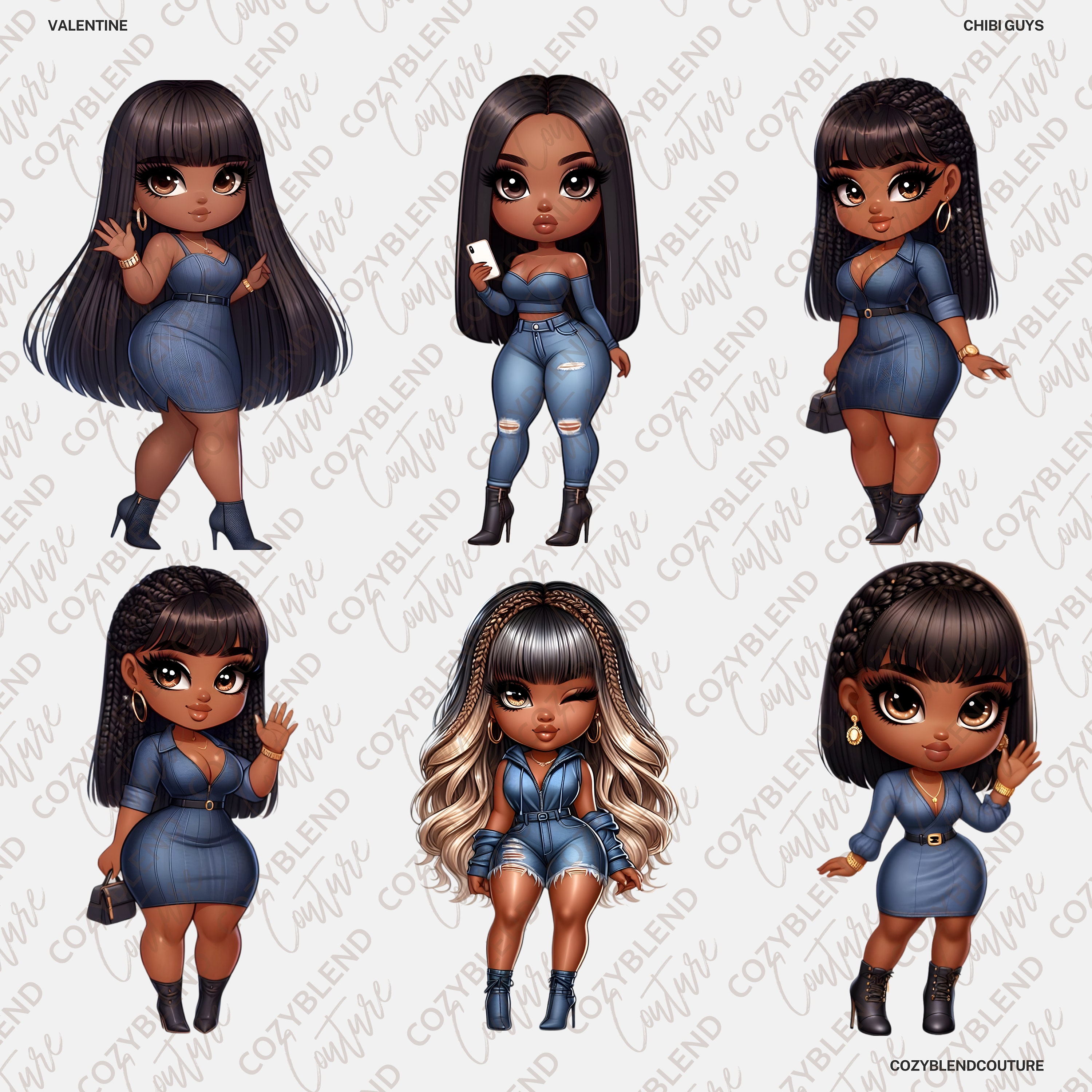 Denim Divas Clipart, Adorable Chibi Women in Stylish Jeans, Digital ...