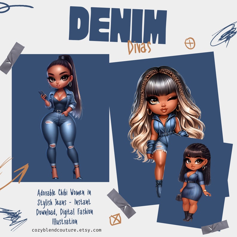 Denim Divas Clipart, Adorable Chibi Women in Stylish Jeans, Digital ...