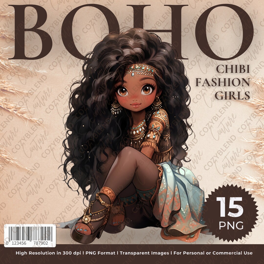 Boho Chibi Girls Clipart Set: Trendy Hippie PNG (digital Download) - Etsy
