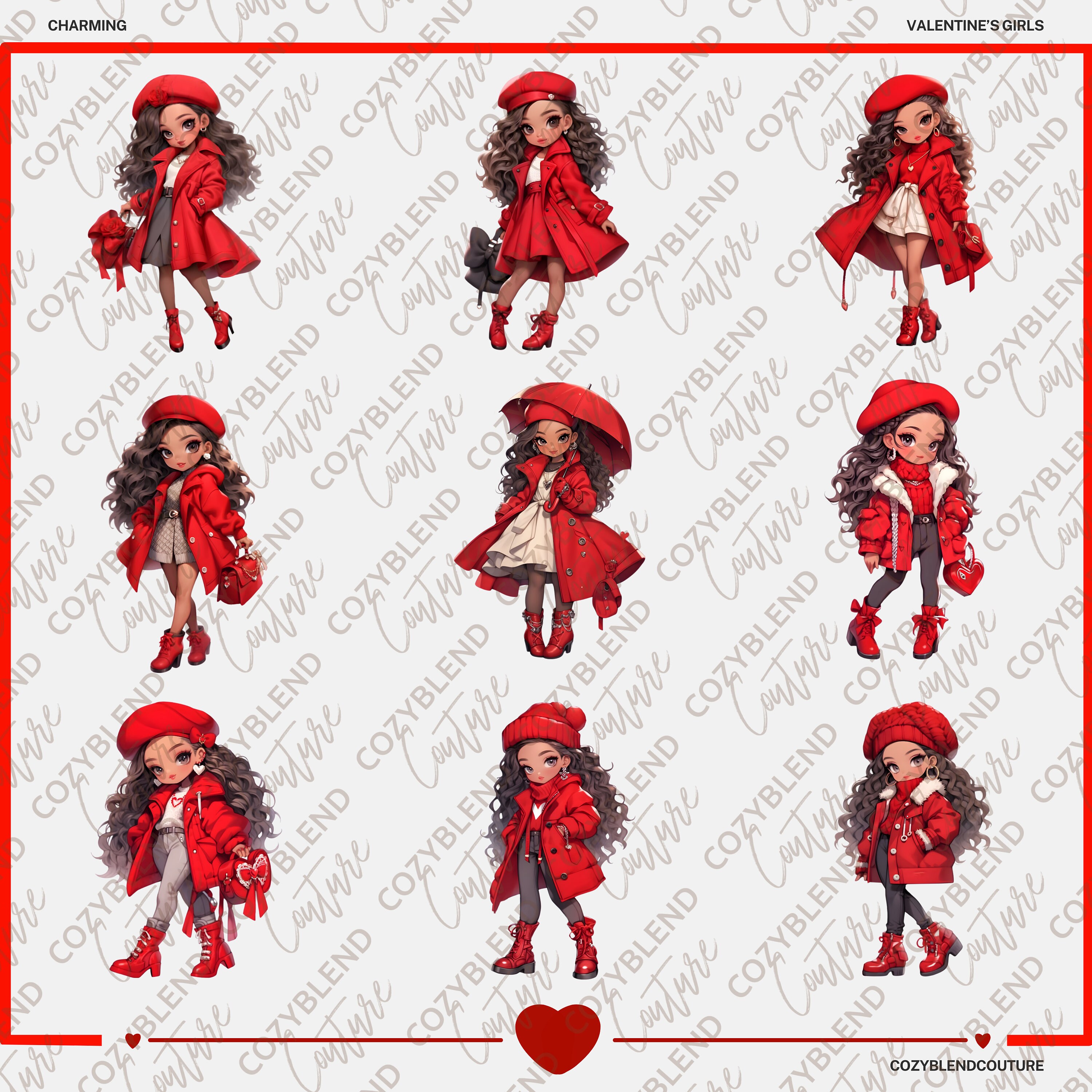 Charming Valentine's Girls Clipart Set, Valentine's Day Chibi Clipart ...
