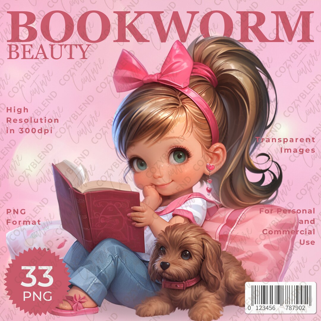 Bookworm Beauty Clipart, Instant Download Digital Art, Reading ...