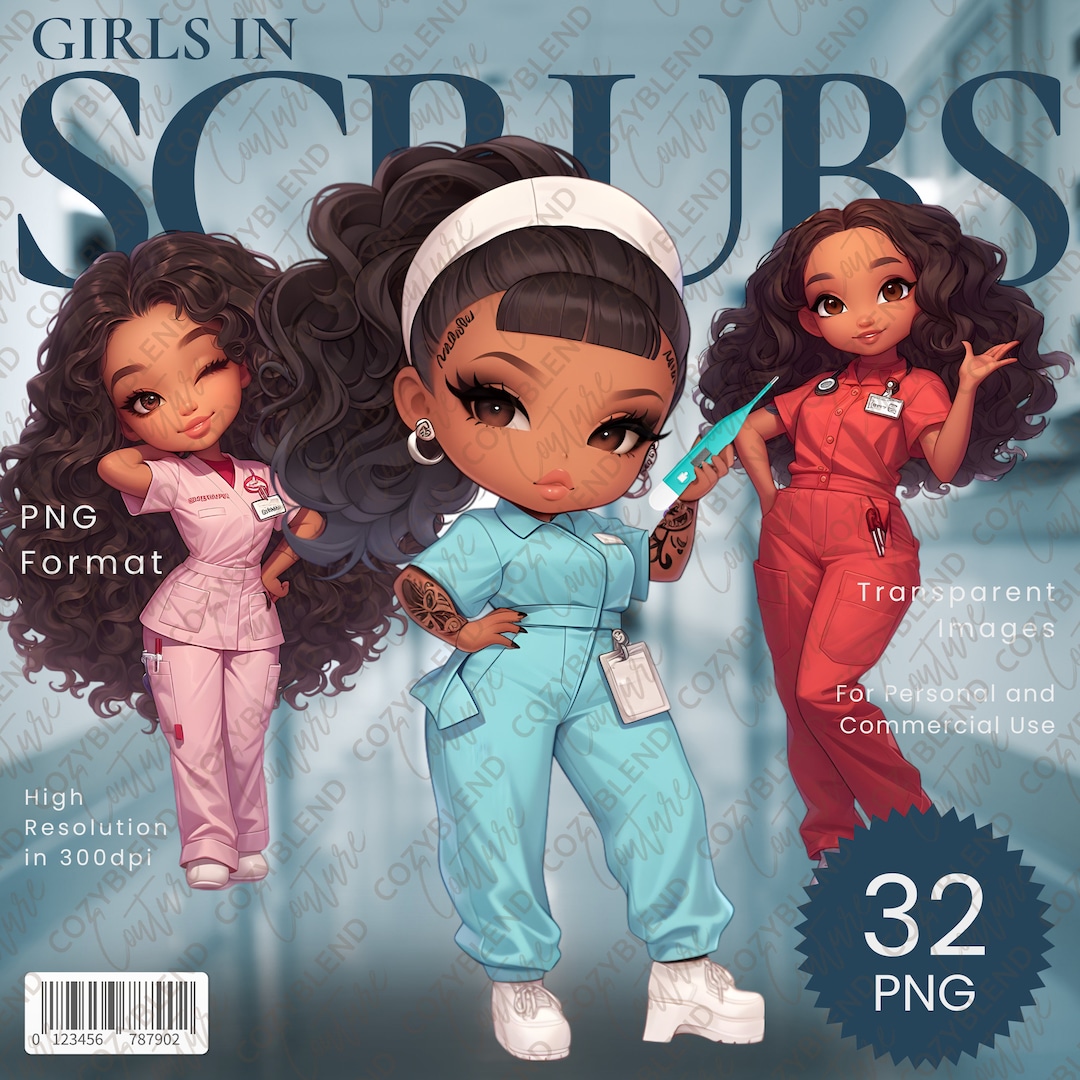 Girls in Scrubs Clipart: Healthcare PNG Illustrations (digital Download ...