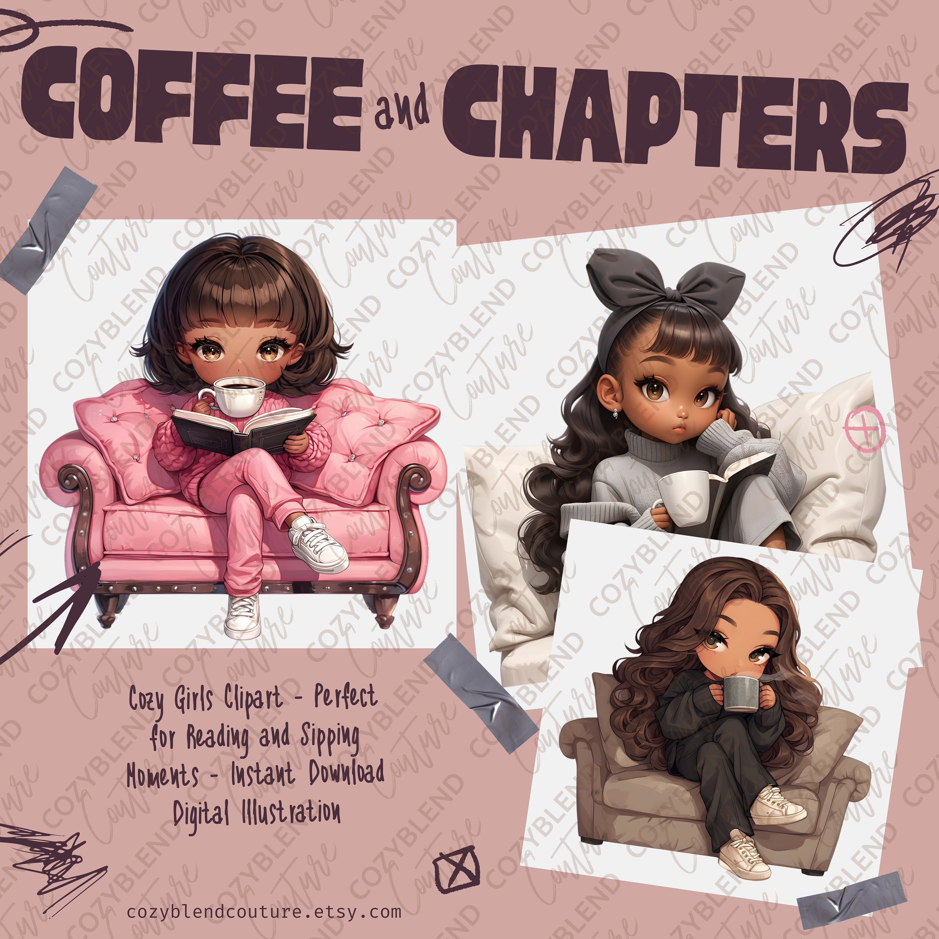 Coffee & Chapters: Cozy Girls Clipart Perfect for Reading and Sipping ...
