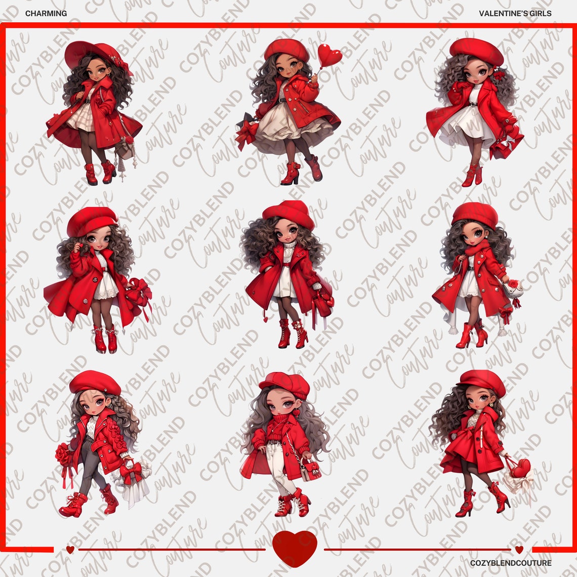 Charming Valentine's Girls Clipart Set, Valentine's Day Chibi Clipart ...