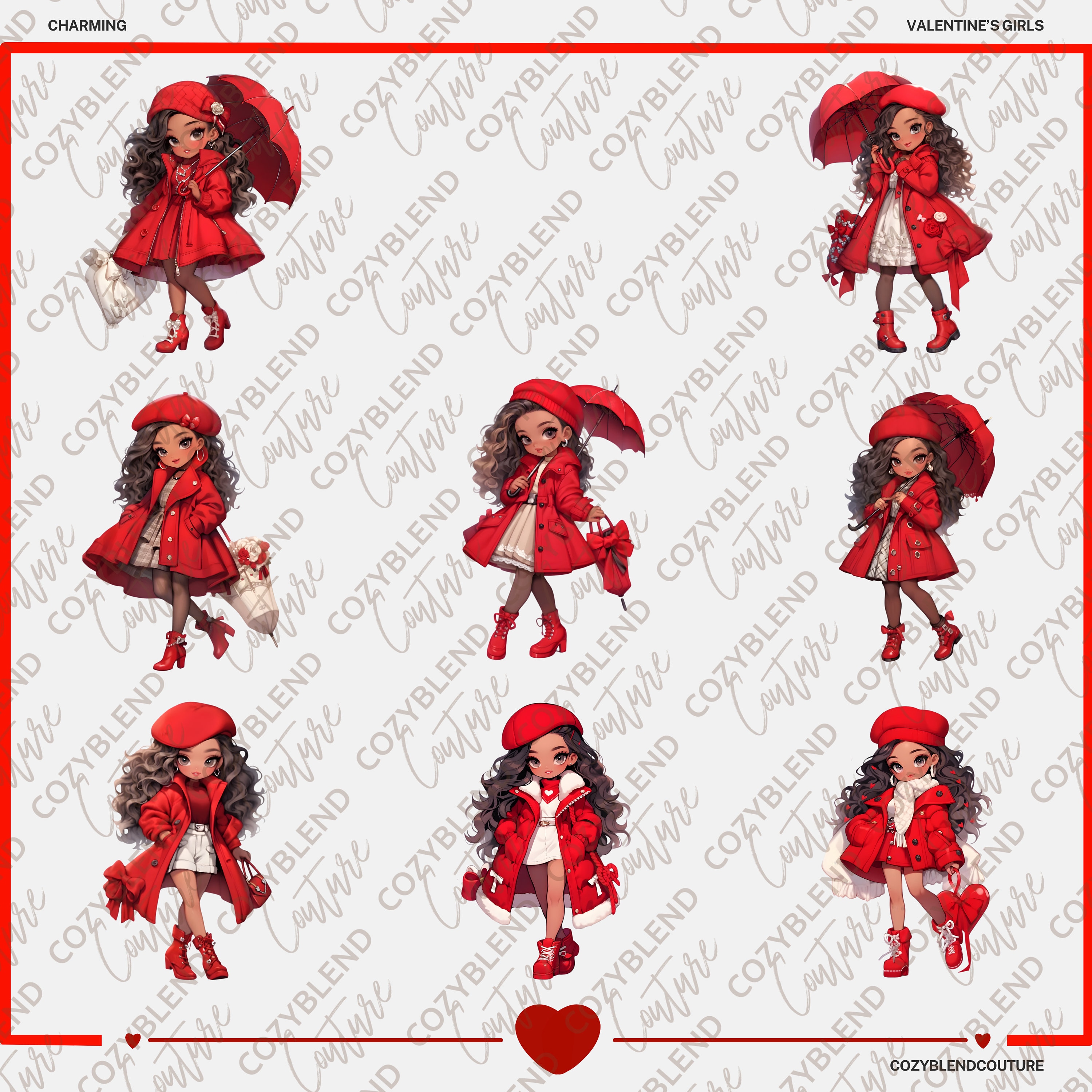 Charming Valentine's Girls Clipart Set, Valentine's Day Chibi Clipart ...