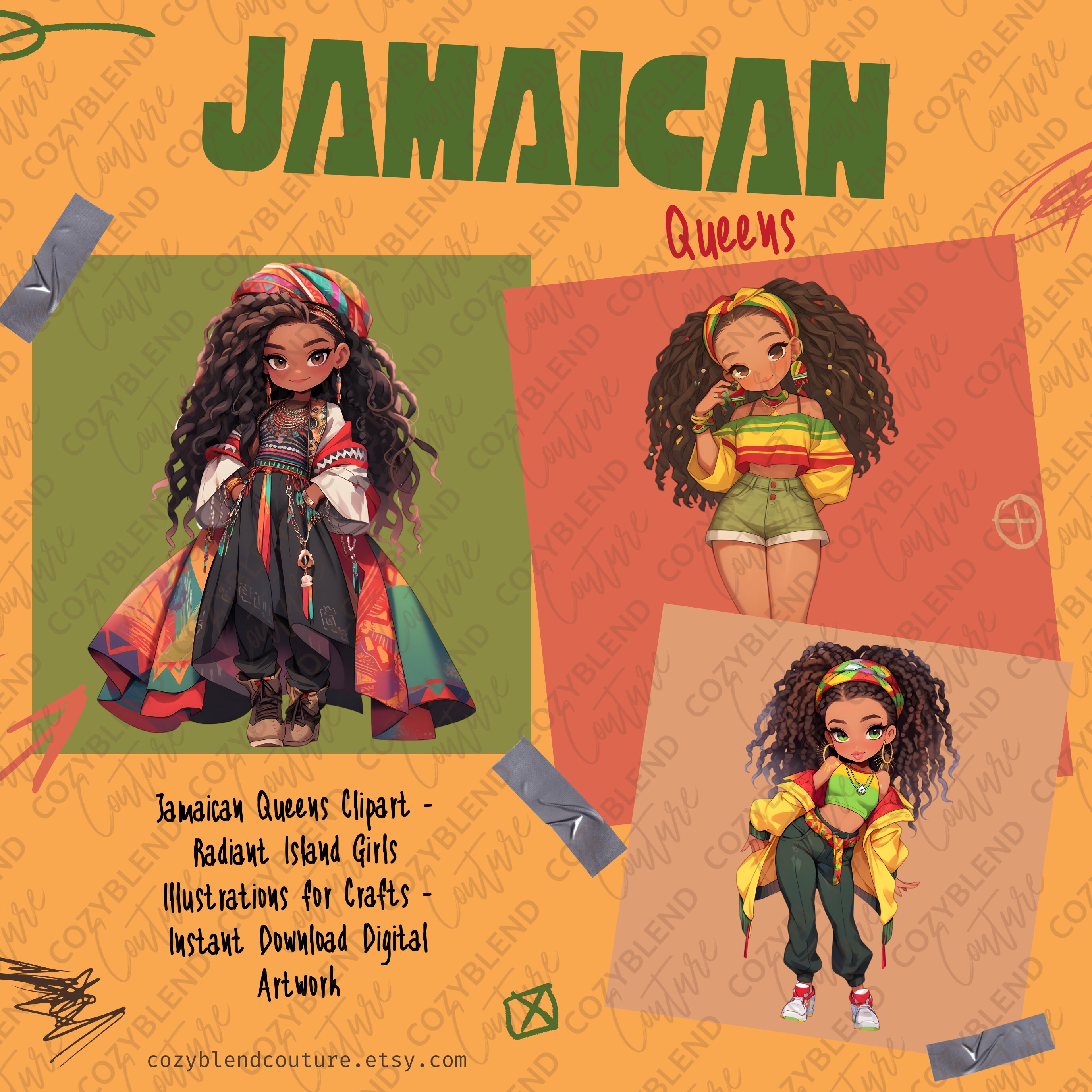 Jamaican Queens Clipart - Radiant Island Girls Illustrations for Crafts ...