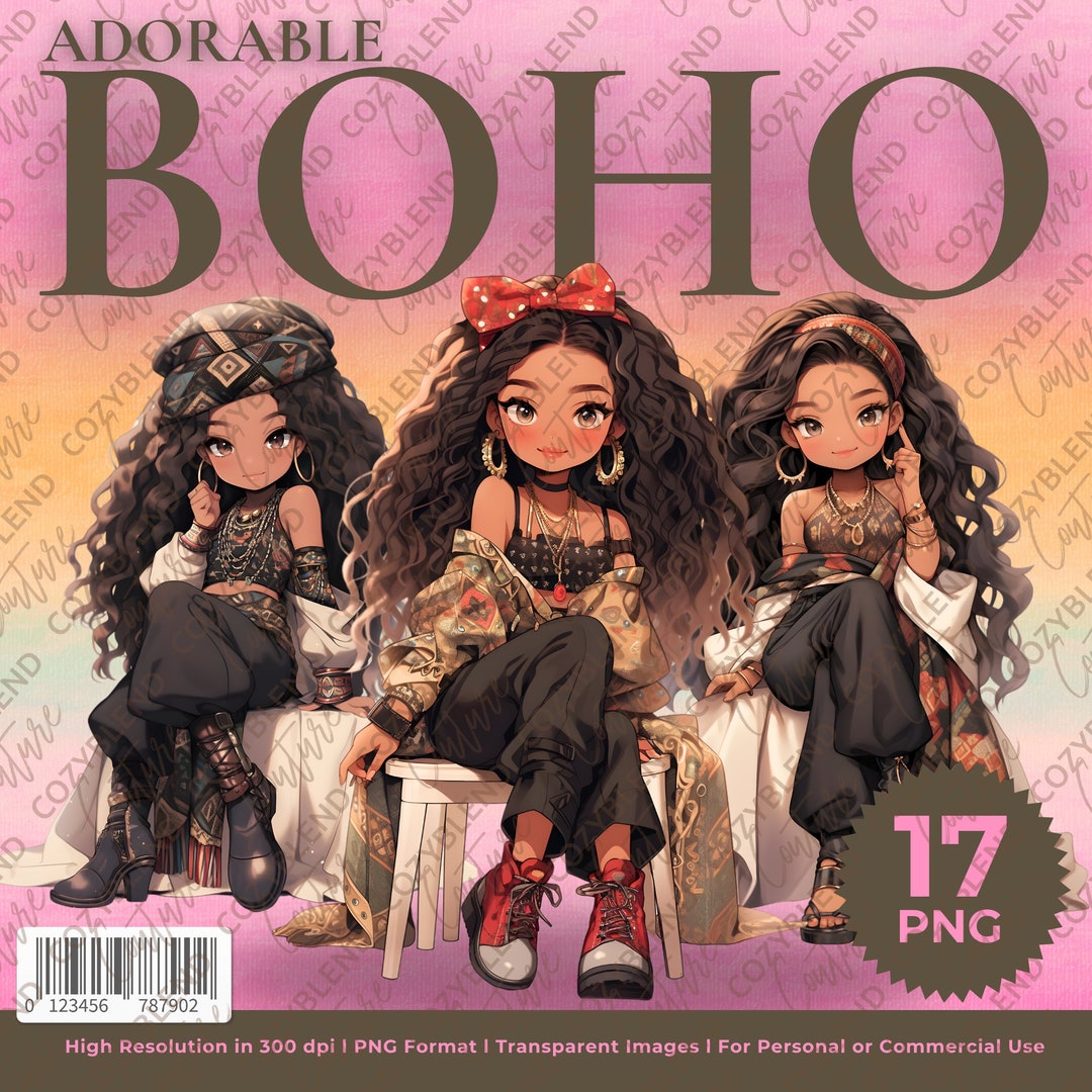 Adorable Boho Chibi Clipart Set, Bohemian Girl Clipart - Watercolor ...