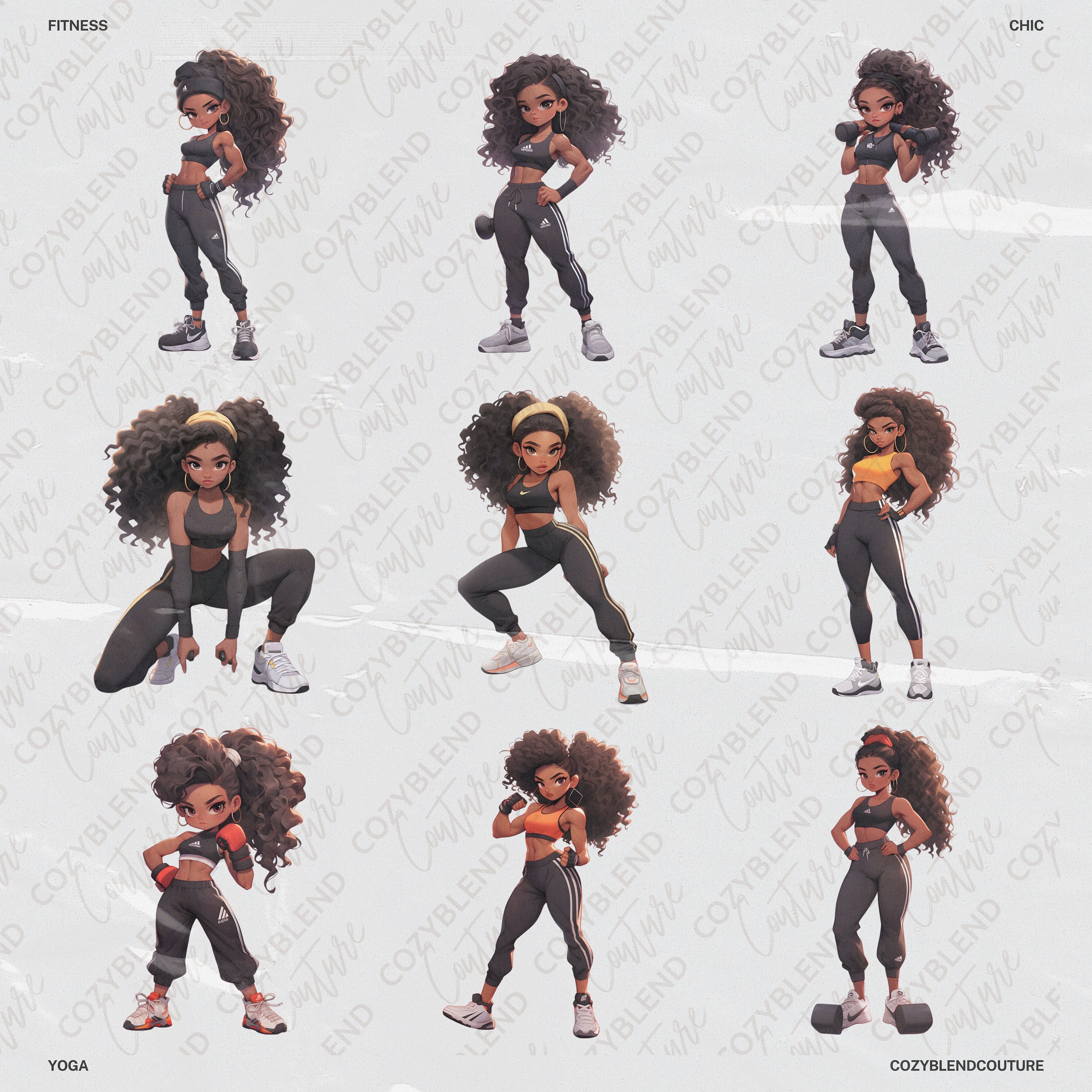 Fitness Chic, Png Printable Black Chibi Clipart Afro Girl Sports ...
