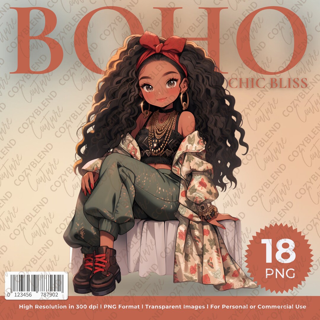 Boho Chic Bliss, Chibi Kawaii Girls Clipart, Empowering Woman's Day ...