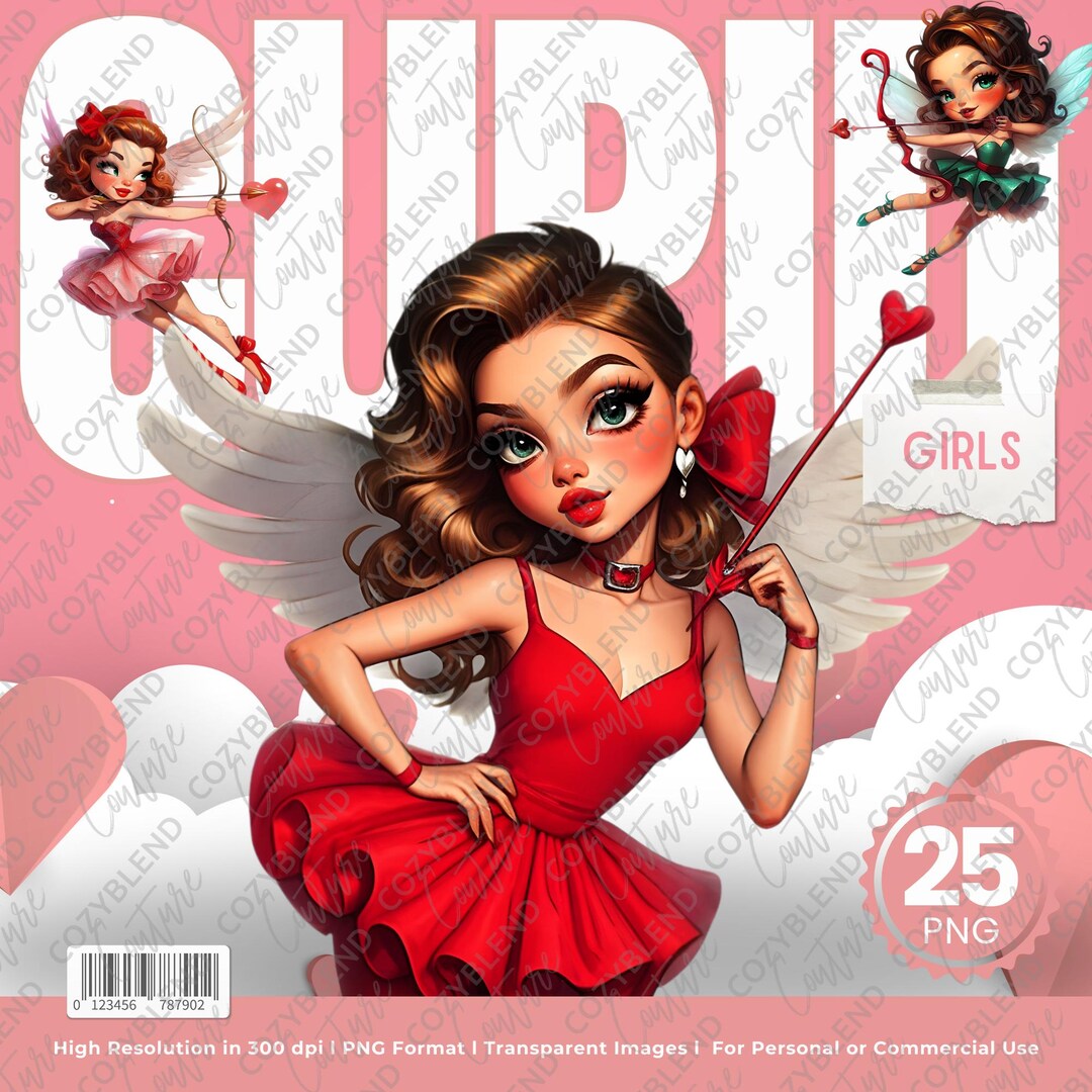 Cupid Girls Clipart: Valentine's Angel Illustrations (PNG Digital ...