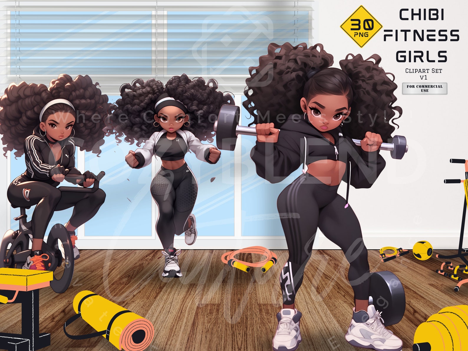 Chibi Fitness Girls - 30 PNG Digital Chibis for Workout and Fashion L ...