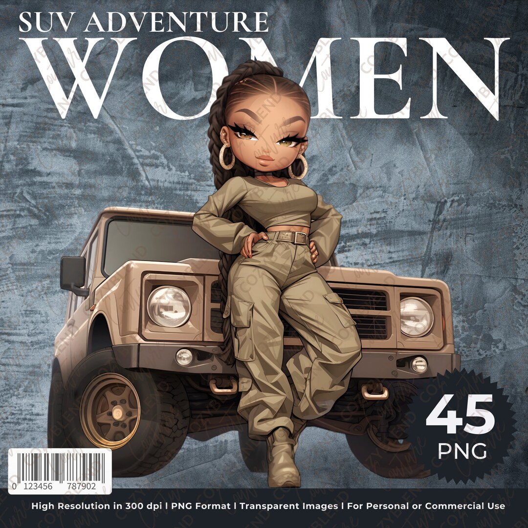 SUV Adventure Women Clipart - Fashionable Ladies Exploring the Road in ...
