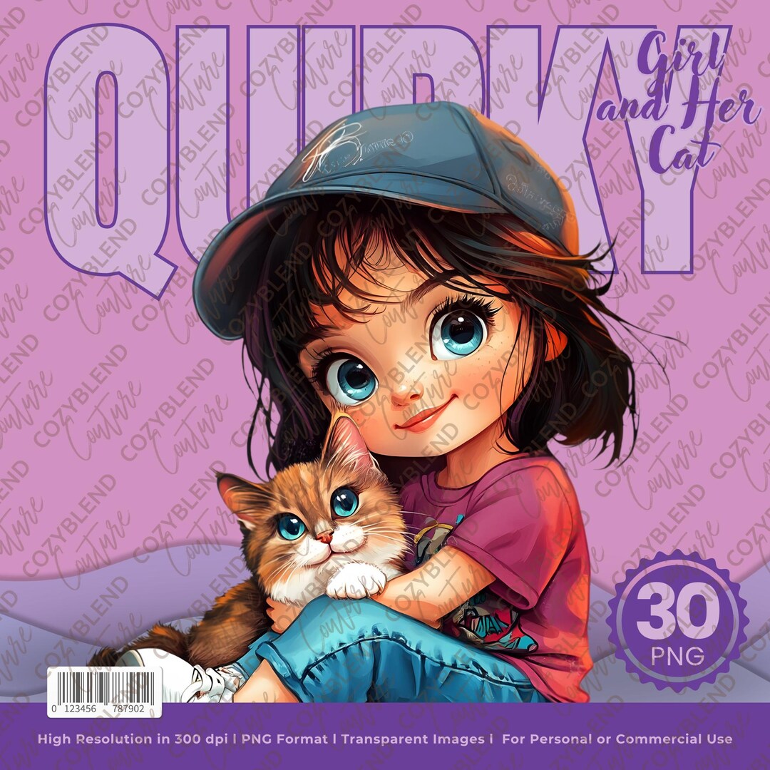 Girl and Cat Clipart: Whimsical PNG Designs (digital Download) - Etsy