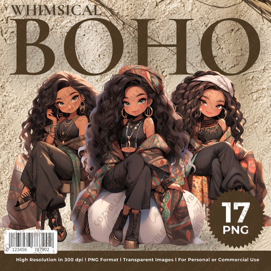 Boho Chibi Girls Clipart: Whimsical Bohemian PNG (digital Download) - Etsy
