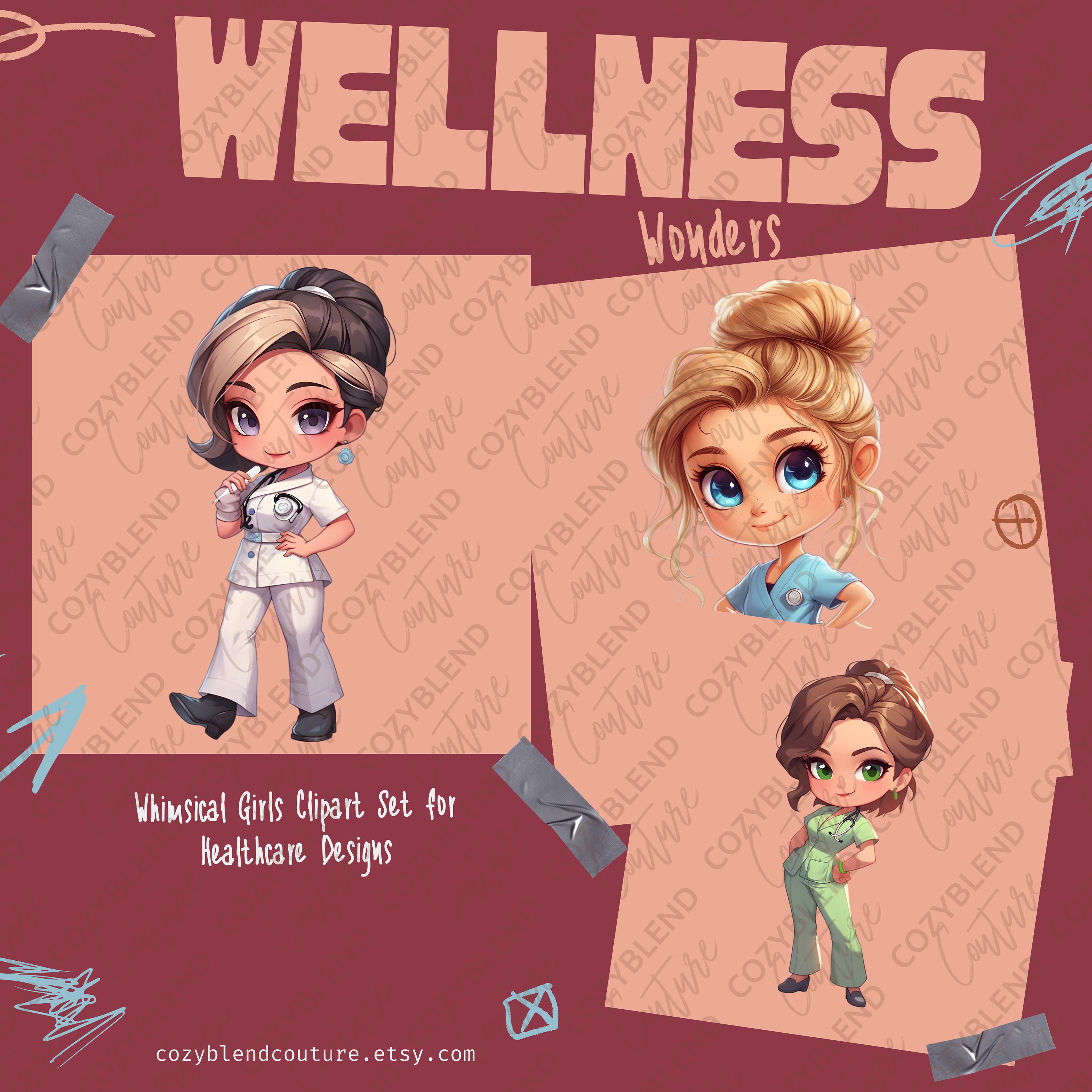 Wellness Wonders: Whimsical Girls Clipart Set Serene Illustrations for Healthcare Designs ...