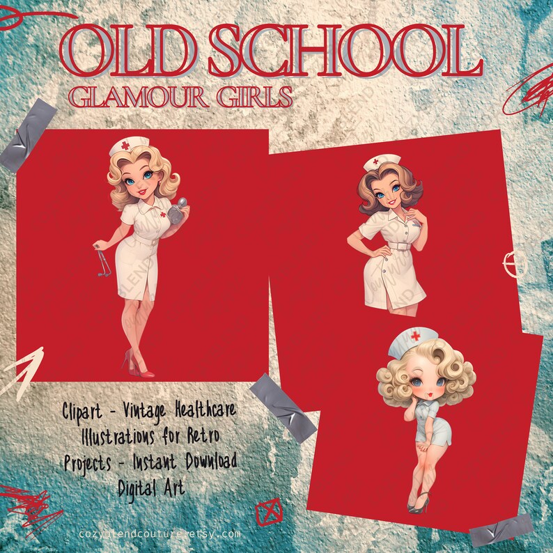 Classic Nurse Icons Clipart Vintage Healthcare Illustrations for Retro ...