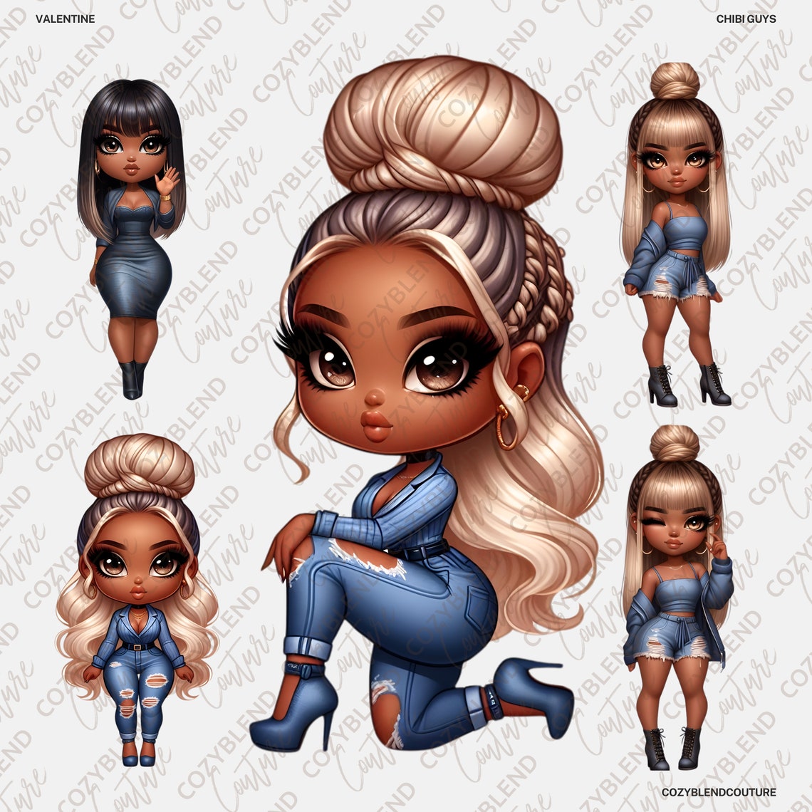 Denim Divas Clipart, Adorable Chibi Women in Stylish Jeans, Digital ...