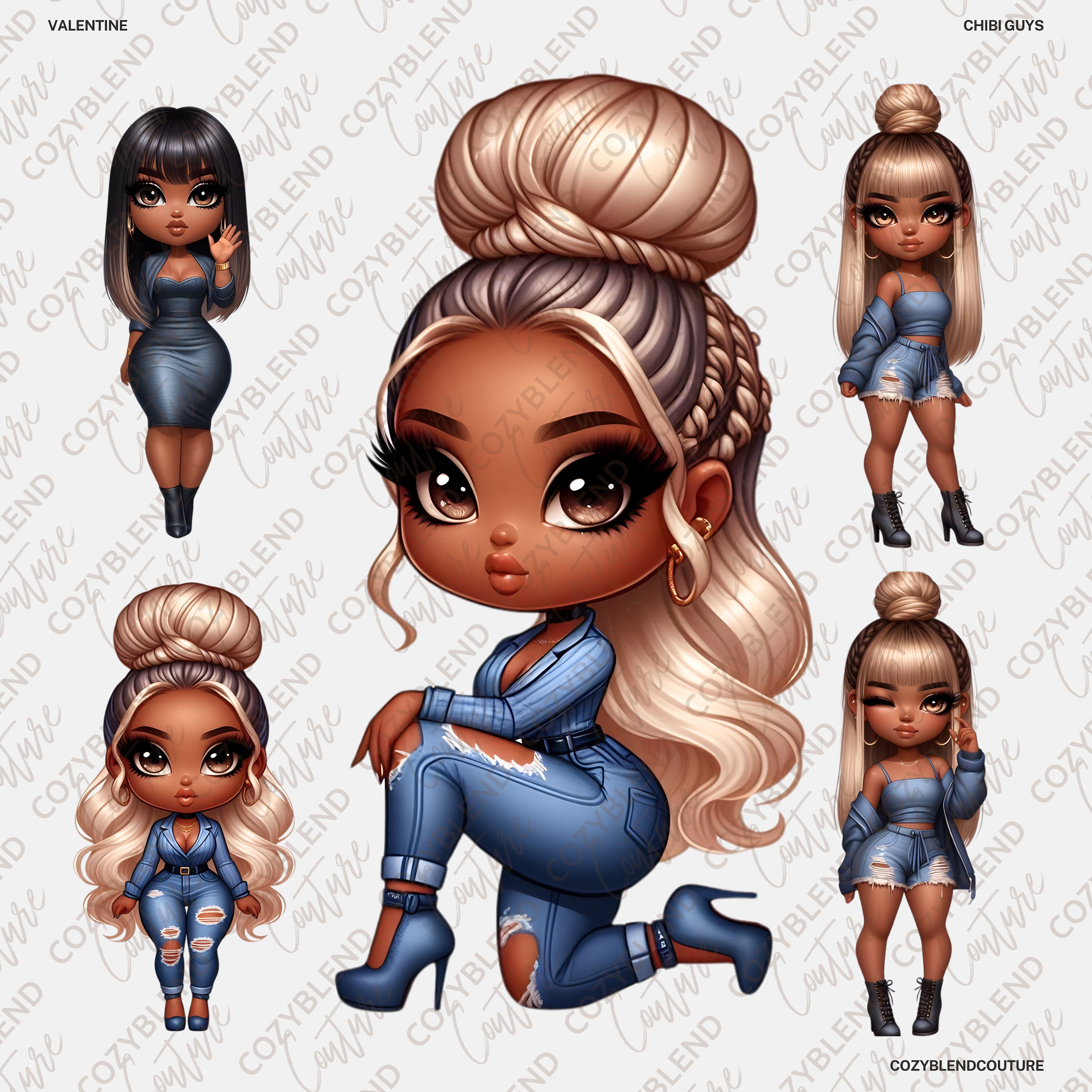 Denim Divas Clipart, Adorable Chibi Women in Stylish Jeans, Digital ...