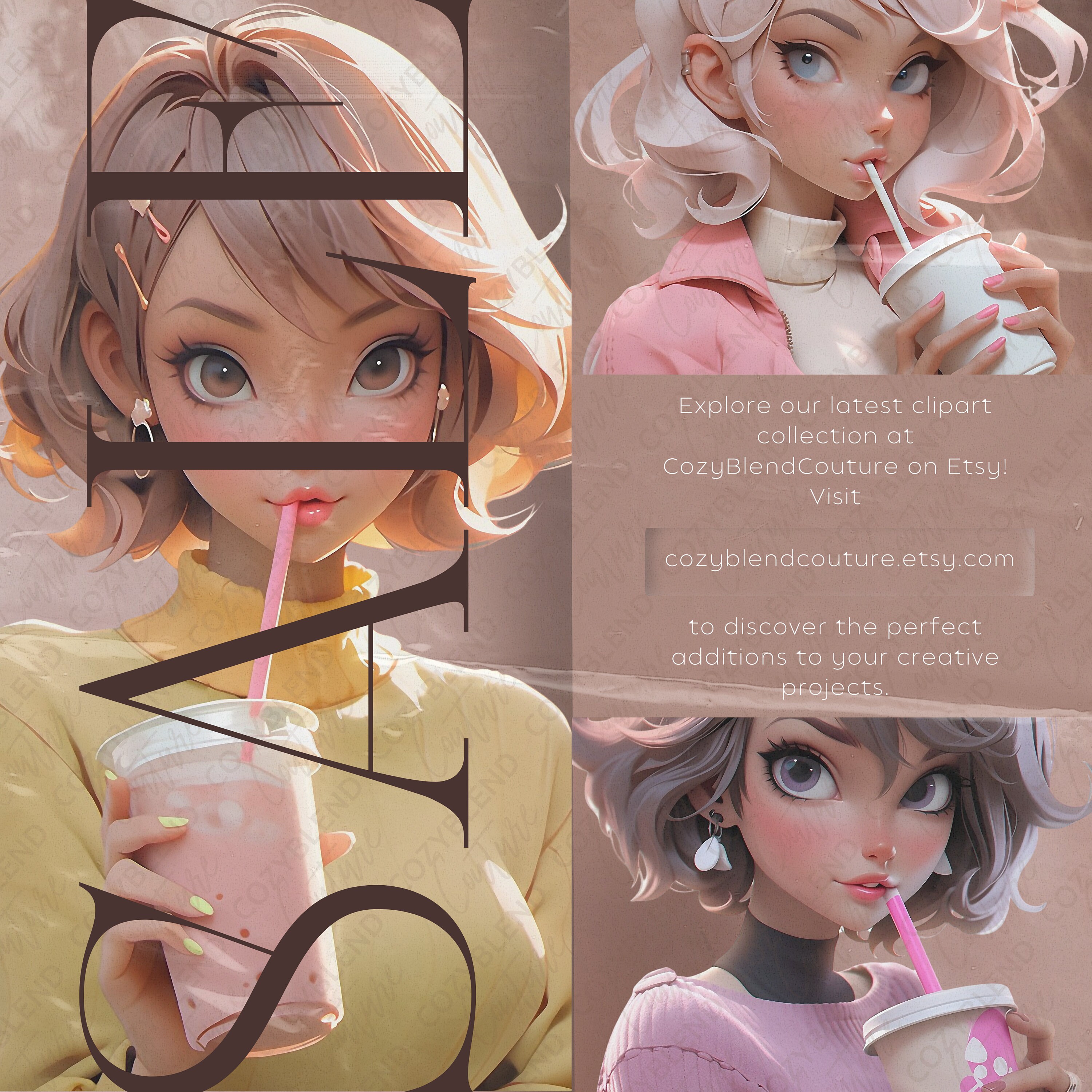 Sip in Style Clipart, Beautiful and Cute Coffee-tea Girl Clipart ...