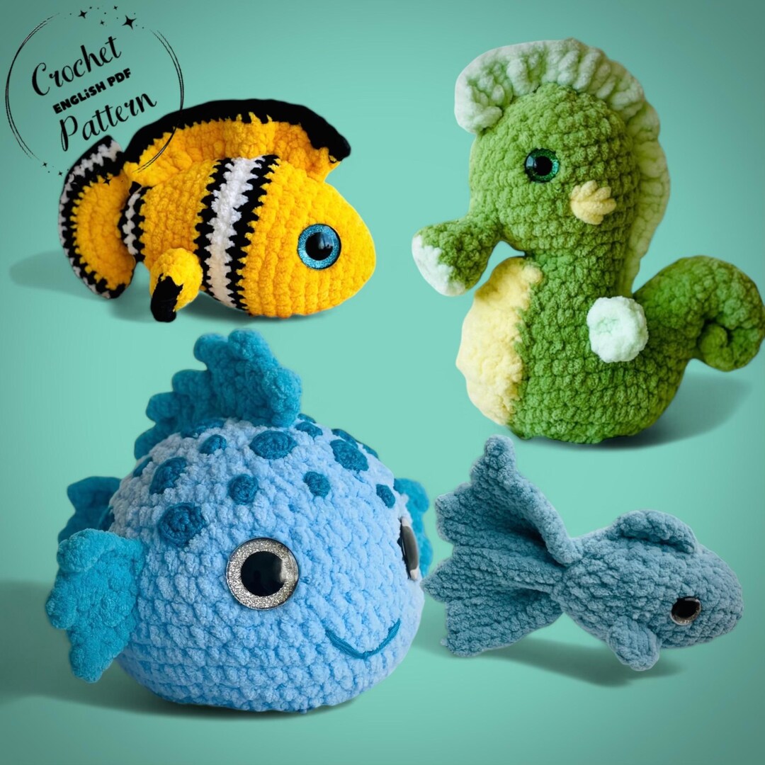 Crochet Ocean Animals Pattern, Set Plush Toys Amigurumi, Seahorse ...