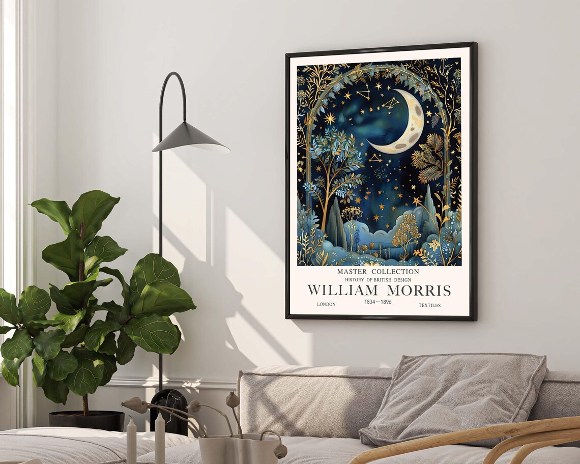 William Morris Print Moon & Star Vintage Golden Retro Décor Celestial ...