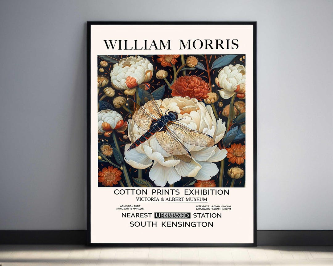 William Morris Dragonfly White Peony Vintage Wall Art Antique Bug Art ...