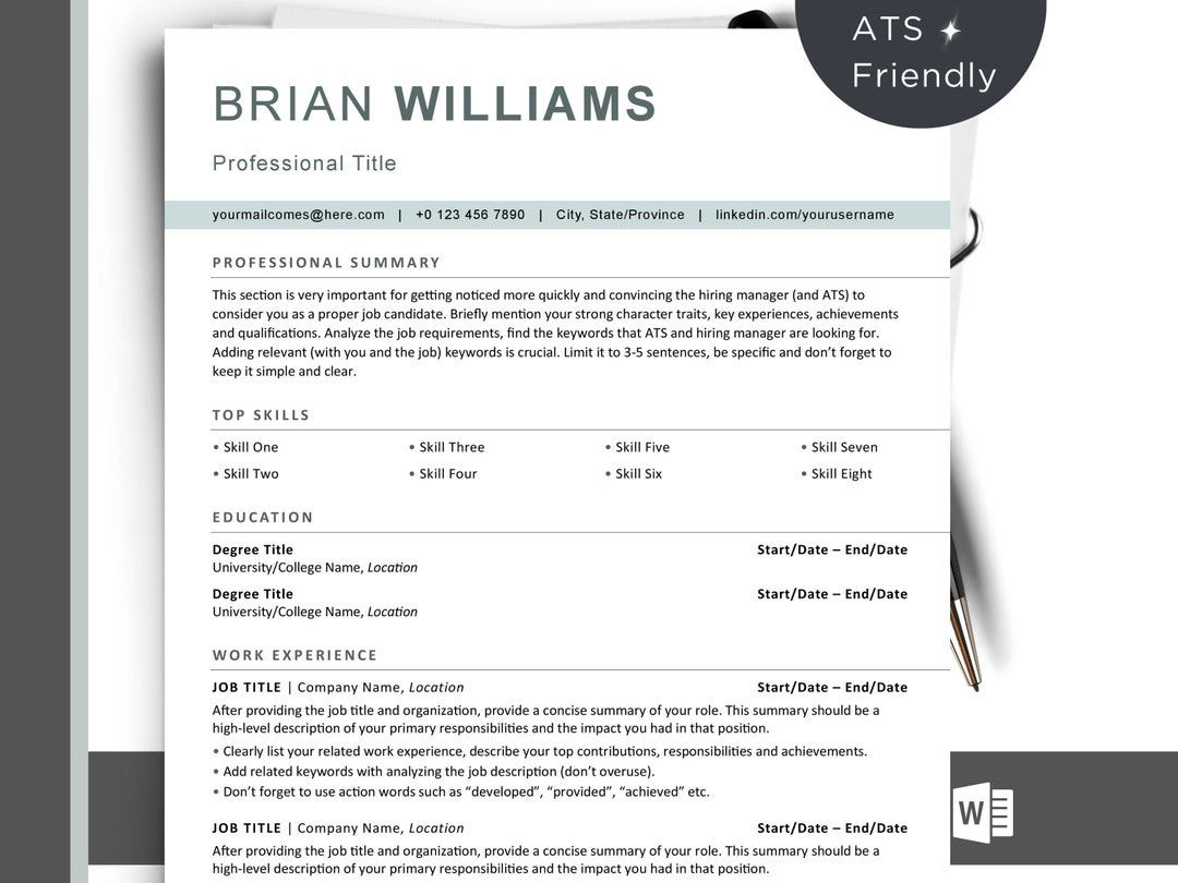 Ats Resume Template Word Compatible, Professional Resume Prestige, Simple and Minimalist Design ...