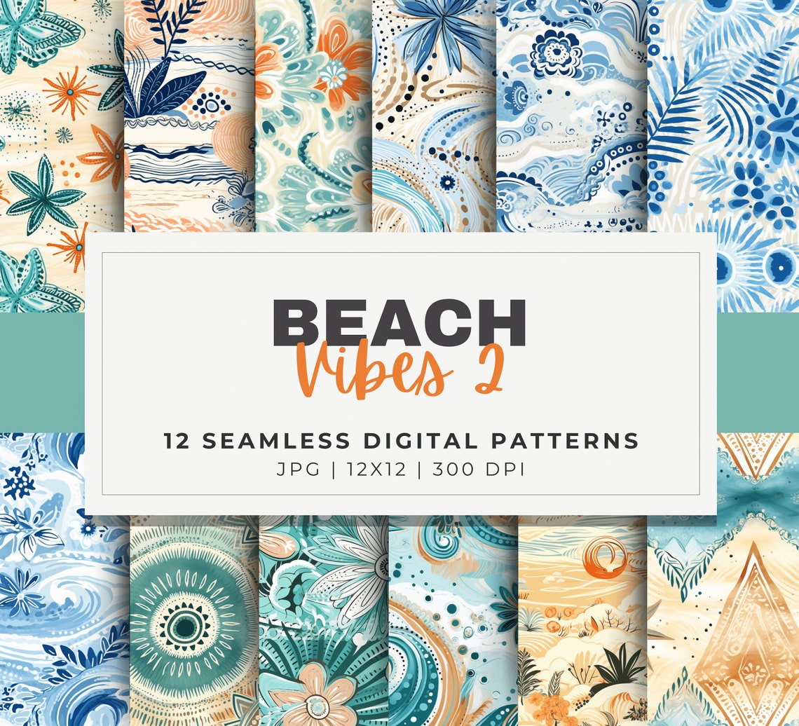 Beach Vibes Pattern Digital Paper, 12 Seamless, 12x12 Tropical Ocean ...