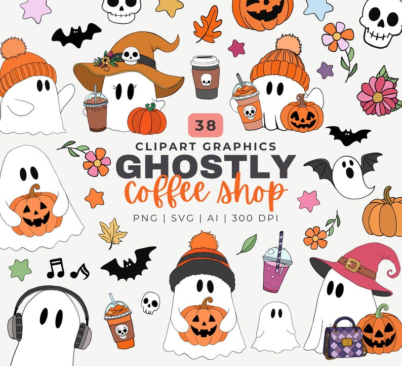 Cute Ghost SVG + PNG Bundle, Hand-drawn Halloween Clip Art Graphics ...