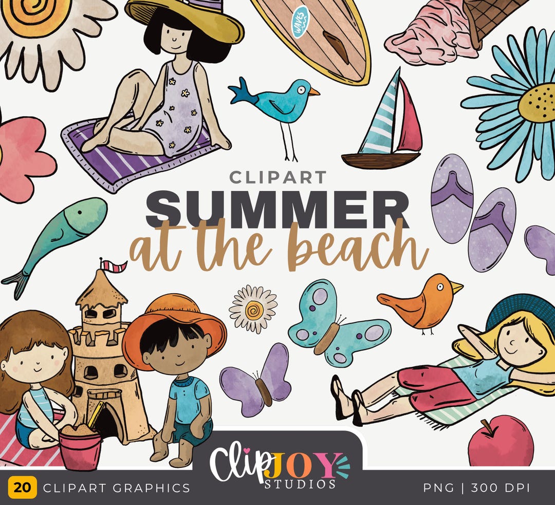 Summer at the Beach Clipart - Hand-drawn Coastal Graphics for Digital ...
