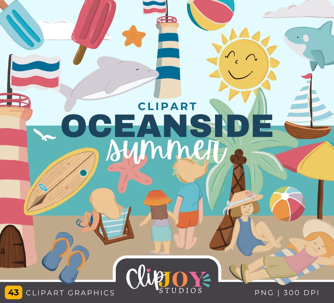 Oceanside Summer Clipart - Beach-themed Hand-drawn Graphics for Digital ...