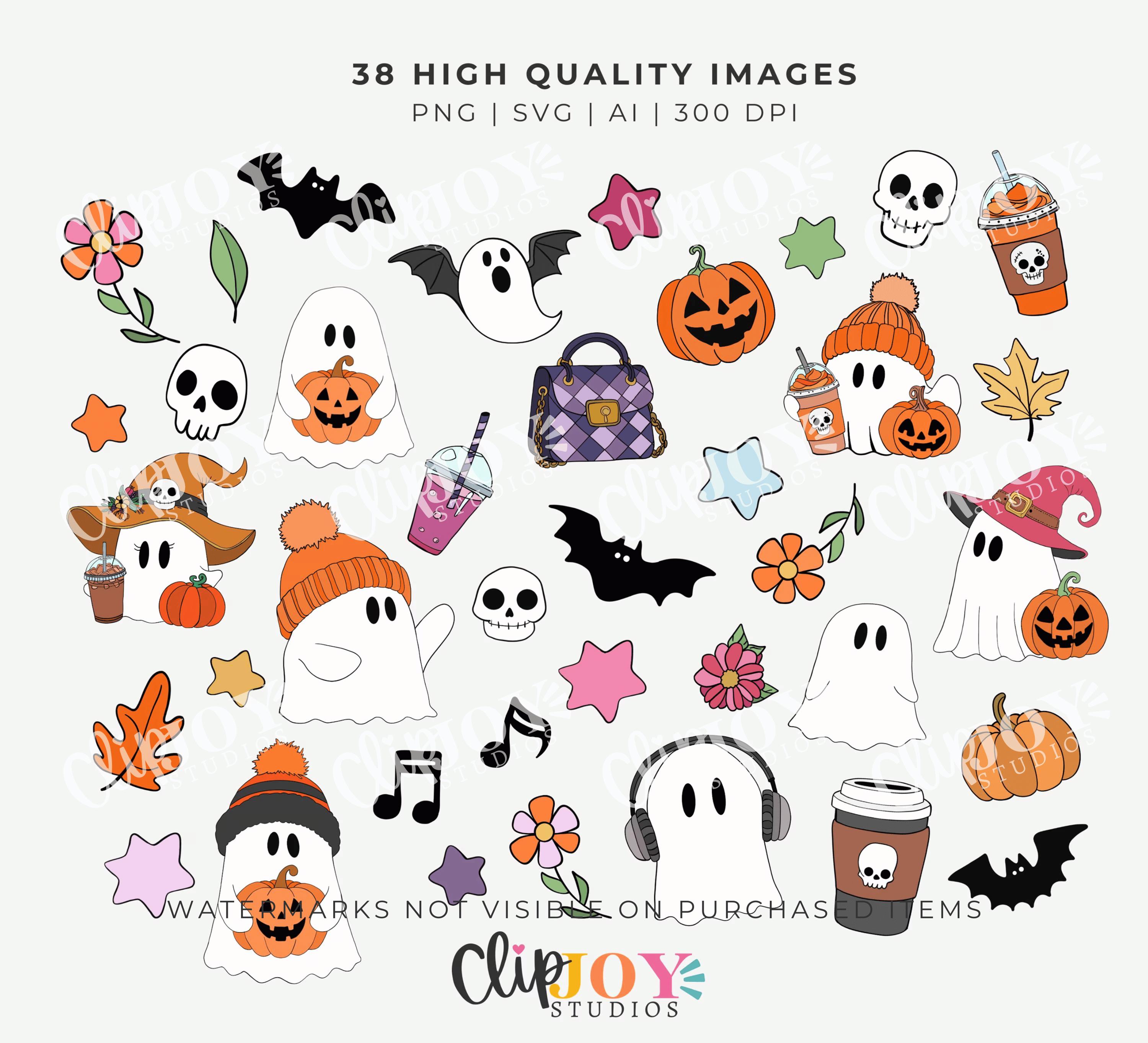 Cute Ghost SVG + PNG Bundle, Hand-drawn Halloween Clip Art Graphics ...