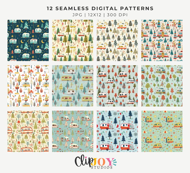 Let's Go Camping, Retro RV Seamless Textures, 12 Downloadable Camper ...