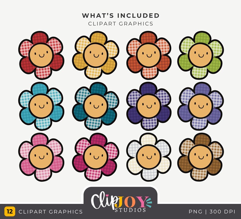 Gingham Flowers Fall Clipart, Happy Kawaii Flower, Colorful and Cute ...
