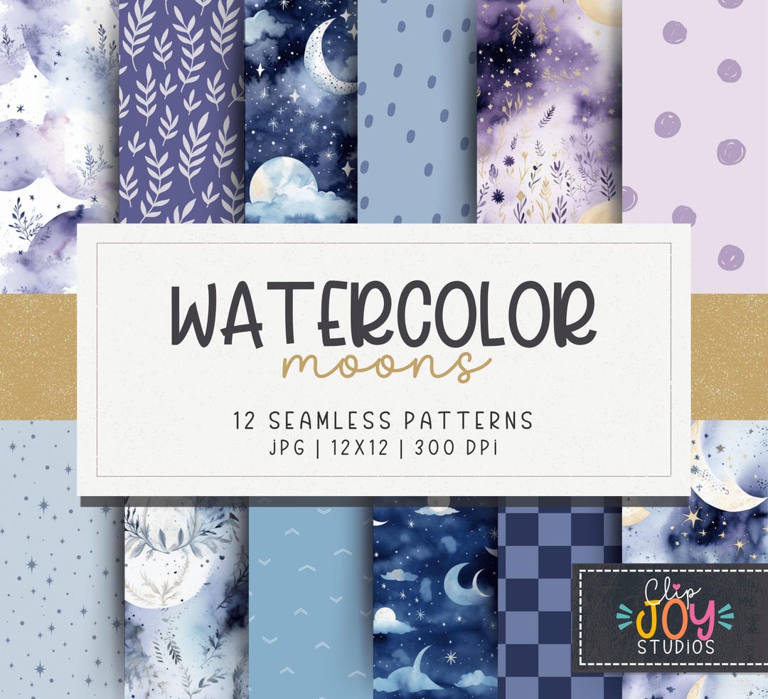 Watercolor Evening Moon Digital Paper Bundle, 12 Seamless Patterns ...